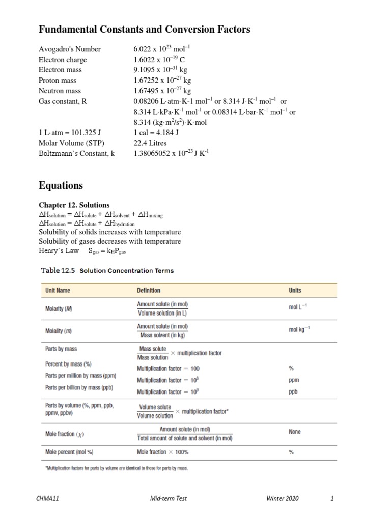 Fundamental Constants, Conversion Factors, and Equations for Chemistry | PDF | Mole (Unit ...