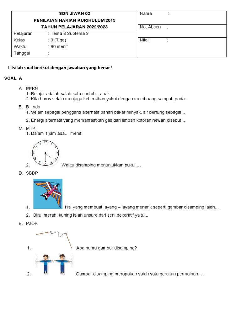 Soal PH Ki-3 Kelas 3 Tema 6 Sub 3 | PDF