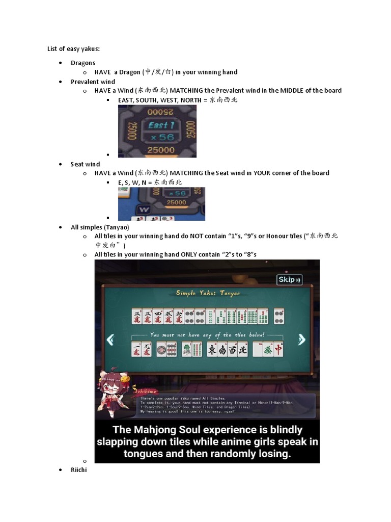 Easy Yaku Guide for Riichi Mahjong | PDF | Board Games | Sports