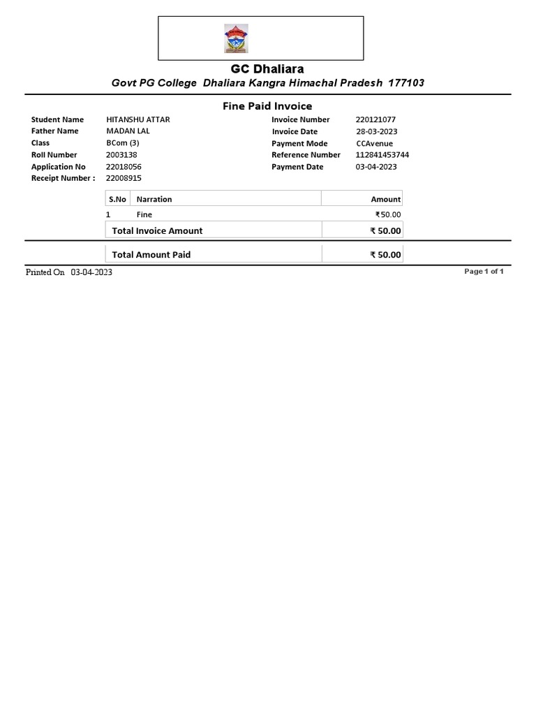GC Dhaliara Fine Paid Invoice: Govt PG College Dhaliara Kangra Himachal ...