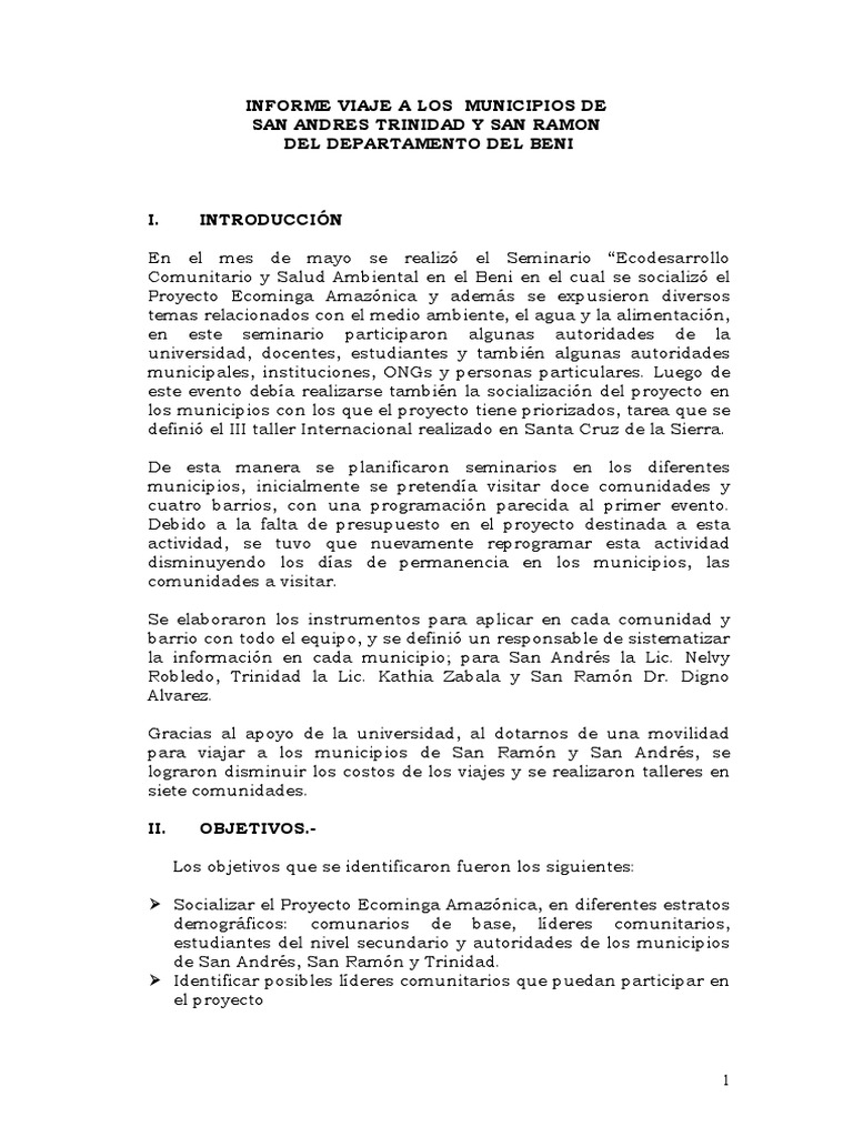 Informe Viaje A Los Municipios de San Andres Trinidad Y San Ramon Del Departamento Del Beni ...