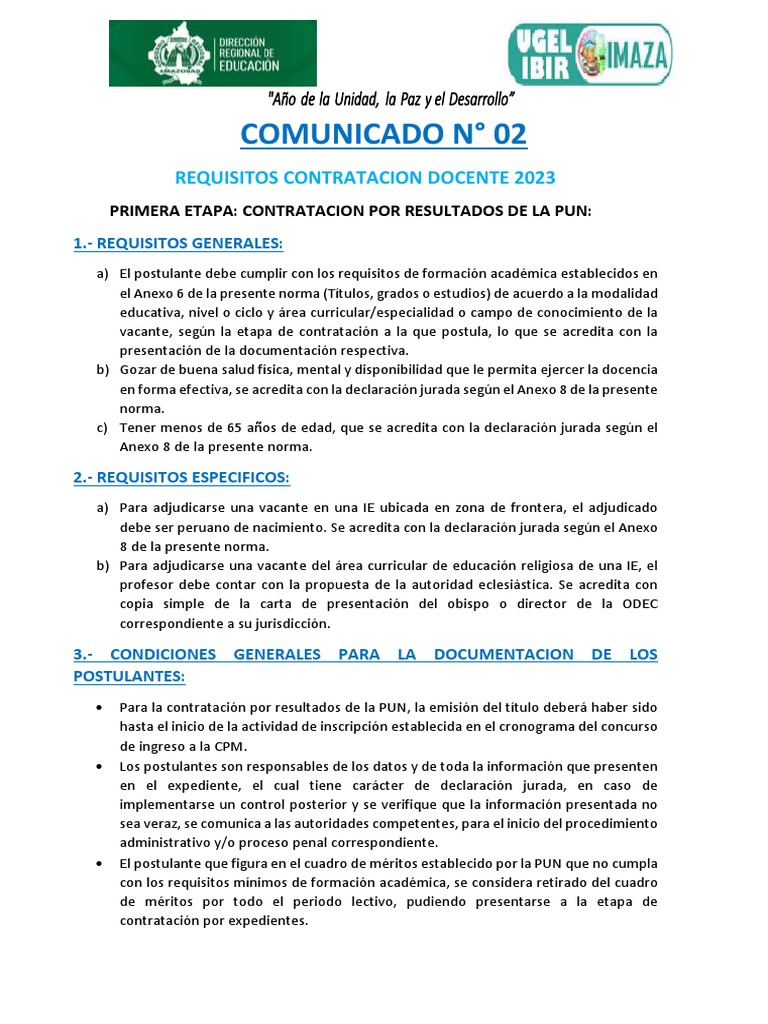 Comunicado #02: Requisitos Contratacion Docente 2023 | PDF