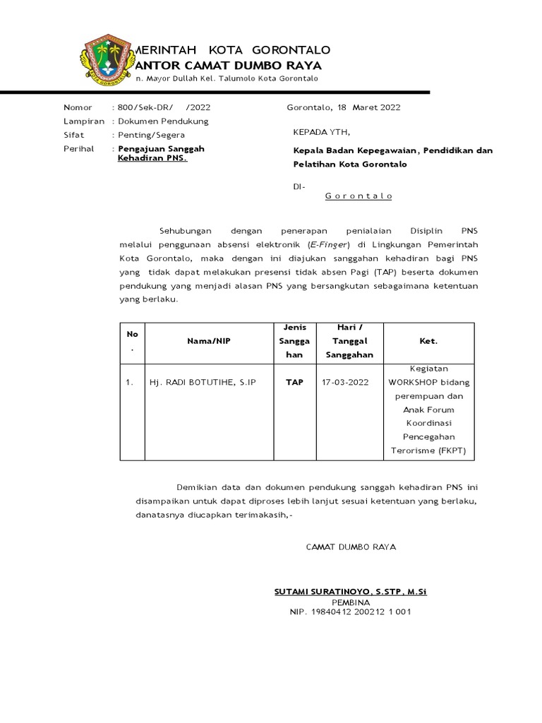 Contoh Format Pengajuan Sanggah Kehadiran E-Finger | PDF