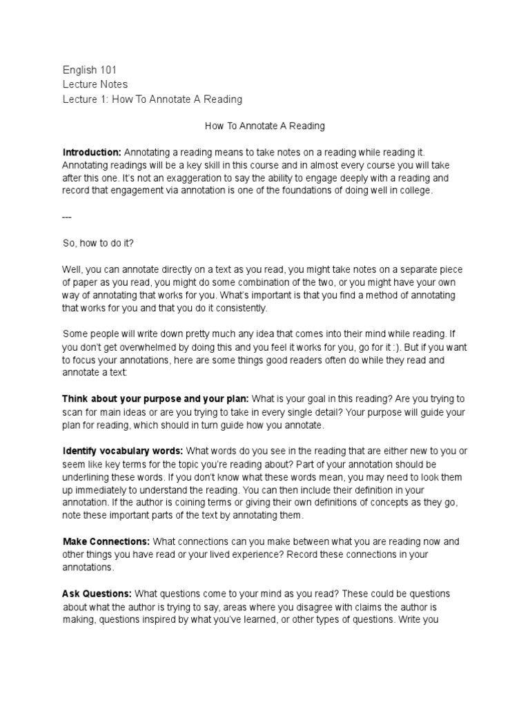 Annotating Readings: A Student's Guide | PDF | Definition | Mind