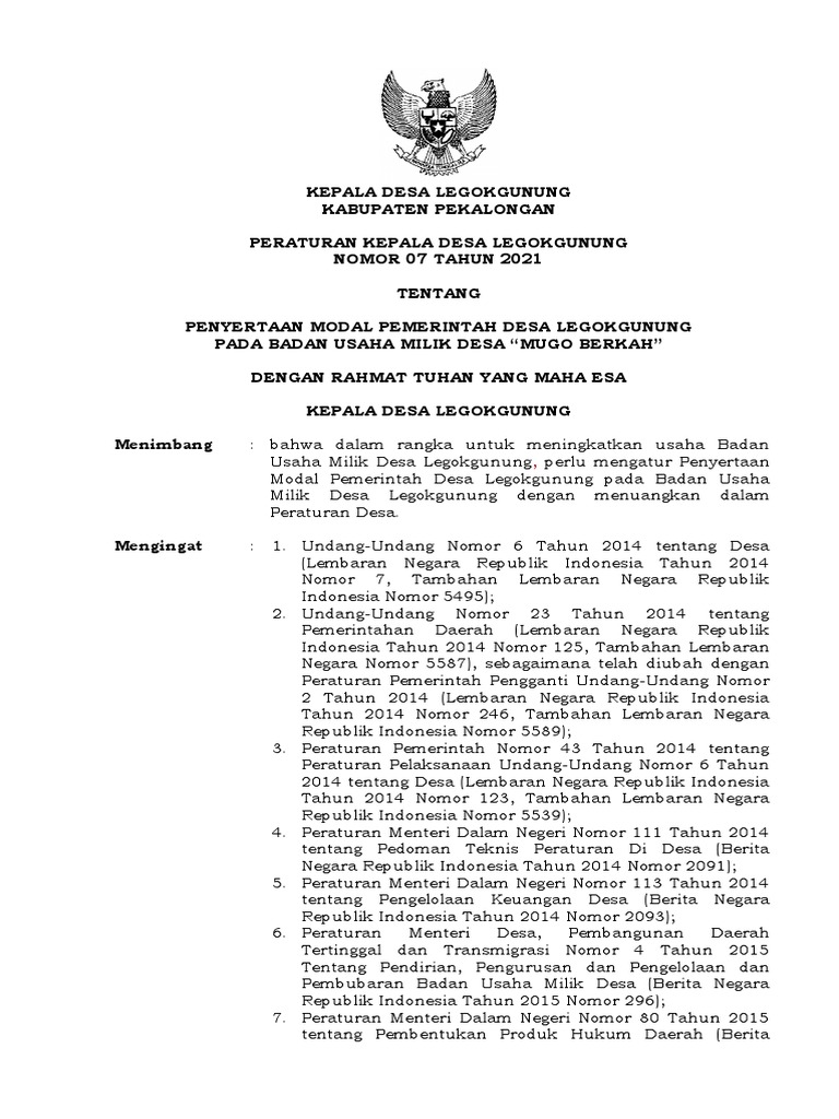 Contoh Perkades Penyertaan BUM Desa | PDF