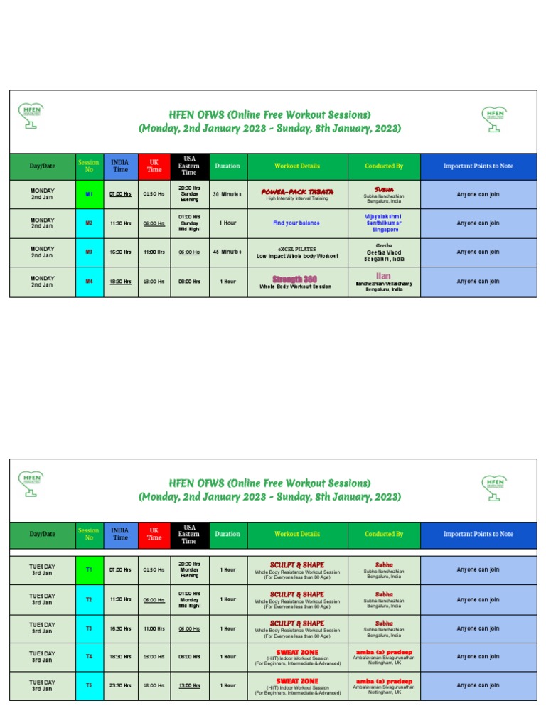 HFEN - OFWS-Weekly Timetable - 2nd Jan To 8th Jan 23 | PDF | Physical ...