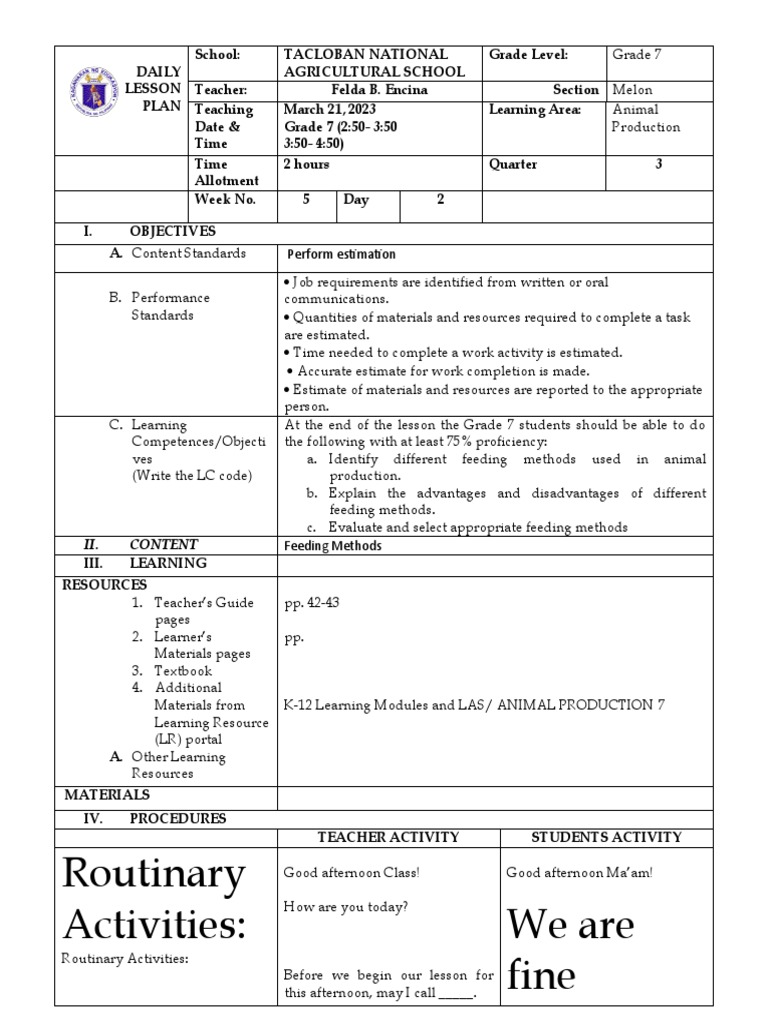 DAILY Lesson Plan Week 5 Day 1 | Download Free PDF | Teachers | Learning
