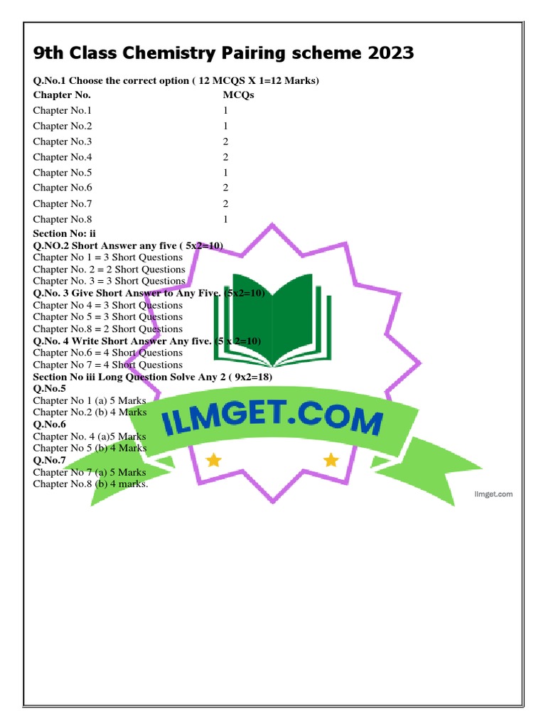 9th Class Chemistry Pairing Scheme 2023 | PDF
