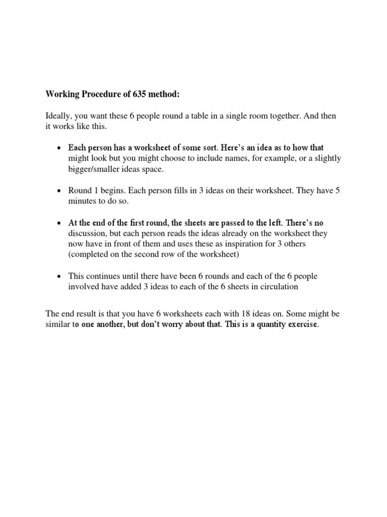 Working Procedure of 635 Method | PDF | Brainstorming | Human Communication