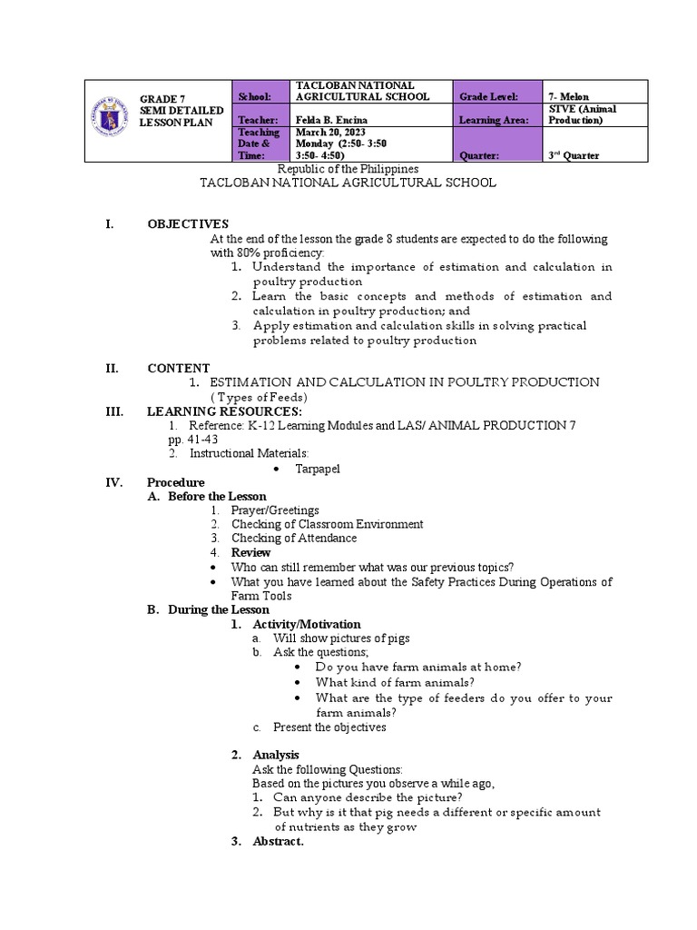 GRADE 7 Animal Production LP (March 20) | PDF | Learning | Lesson Plan