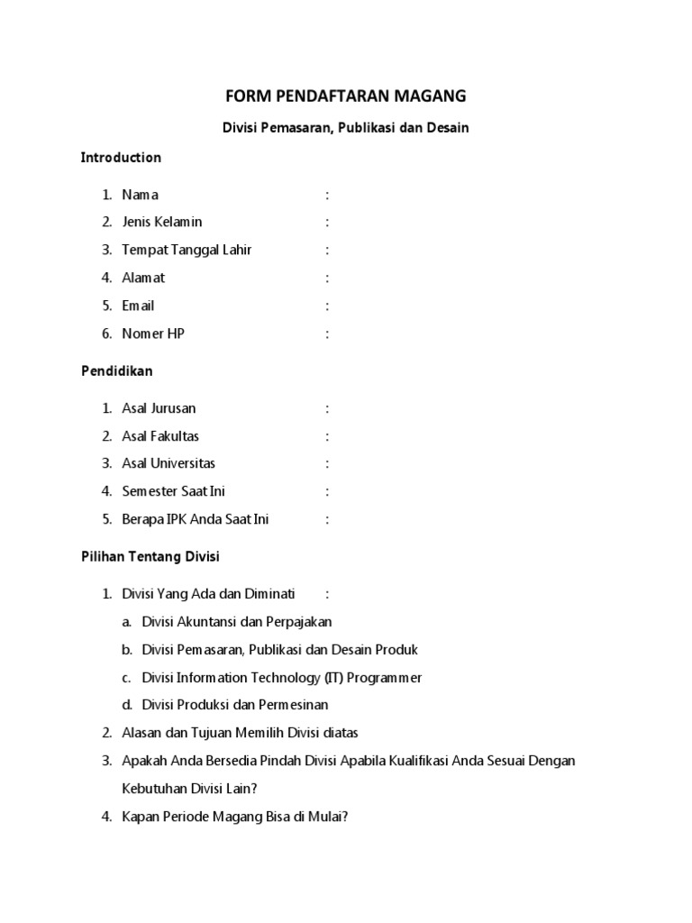 Form Pendaftaran Magang - Divisi Publikasi, Pemasaran Dan Desain Produk ...
