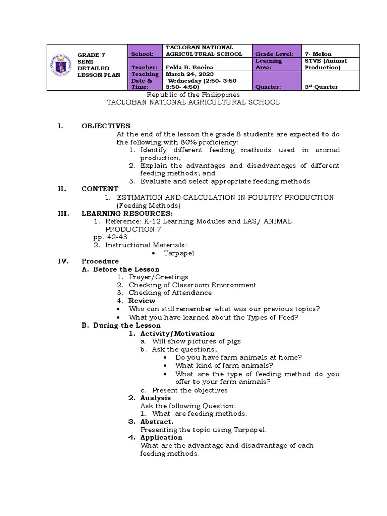 Grade 7 Animal Feeding Methods Lesson Plan | PDF | Learning | Lesson Plan