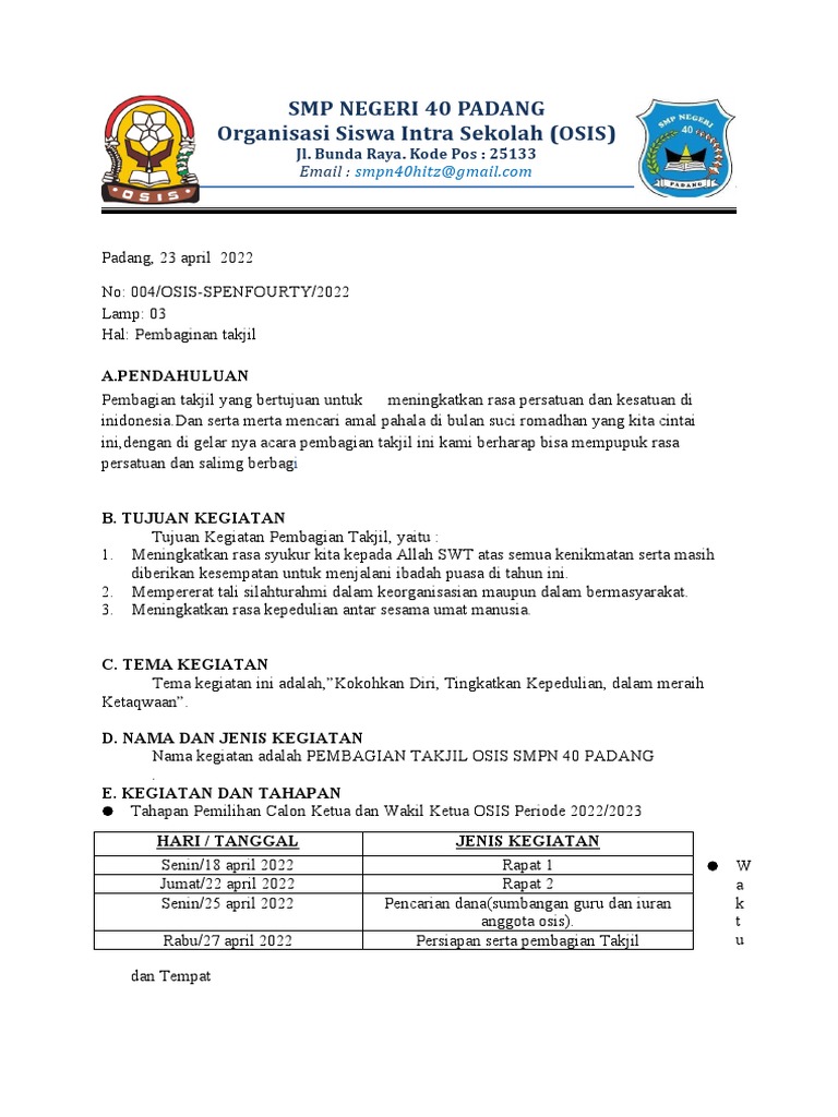 Proposal Takjil SMPN 40 Padang | PDF