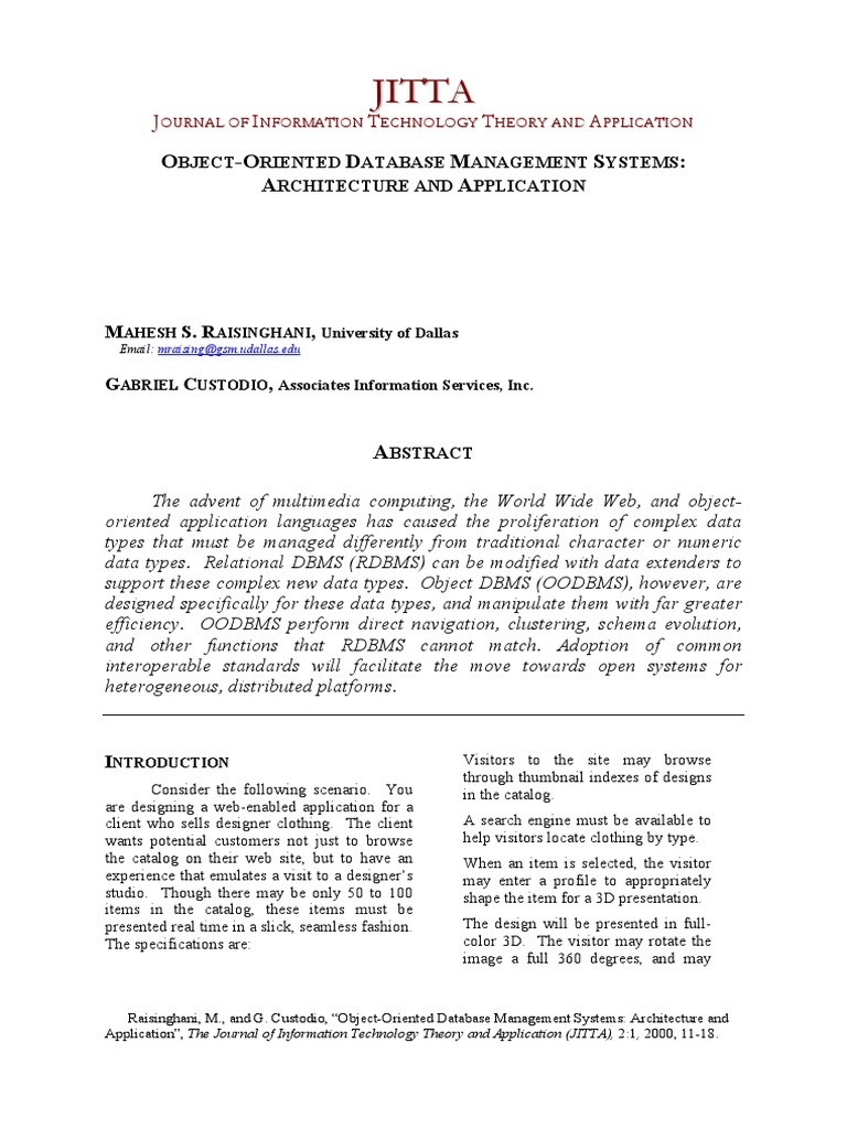 Object Oriented Database Management Systems - Architecture and App ... Object Oriented Database Management Systems - Architecture and App ...
