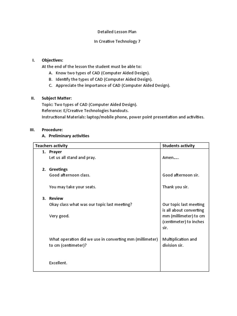 Detailed Lesson Plan in Creative Tech. 7.4 | PDF | Technical Drawing ...