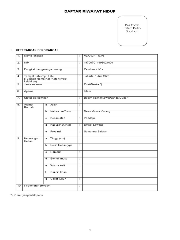 Daftar Riwayat Hidup PNS | PDF