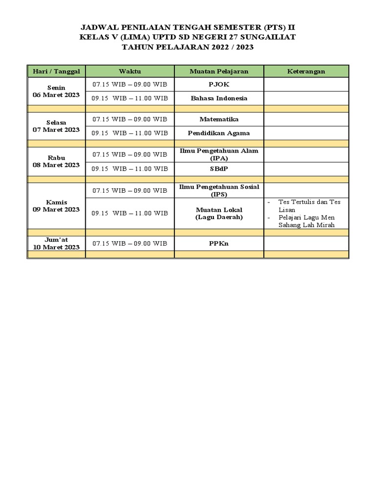 Jadwal PTS Kelas V SD Negeri 27 Sungailiat Tahun Pelajaran 2022/2023 | PDF
