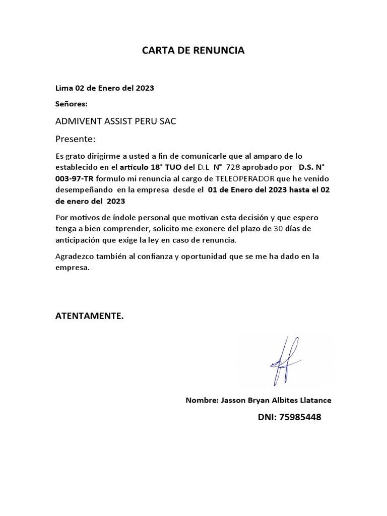 Carta de Renuncia . | PDF