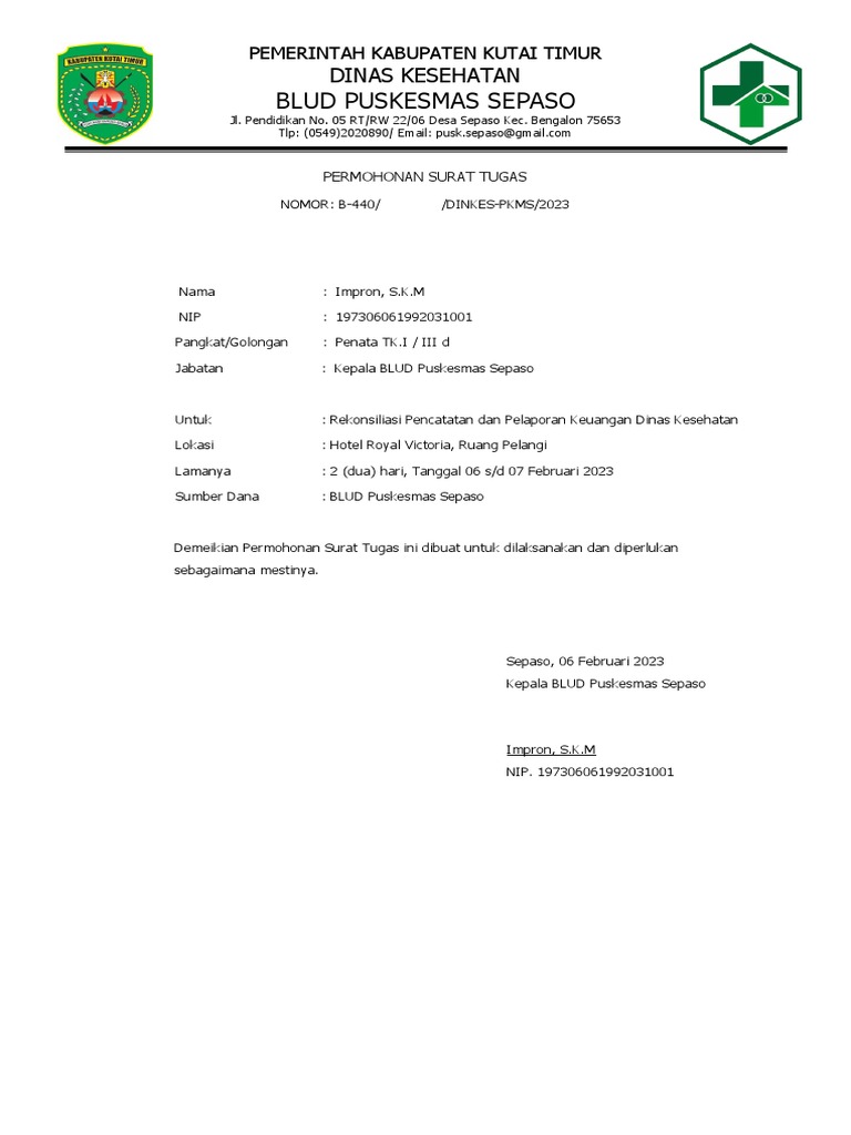 Permohonan Surat Tugas Impron S.K.M | PDF