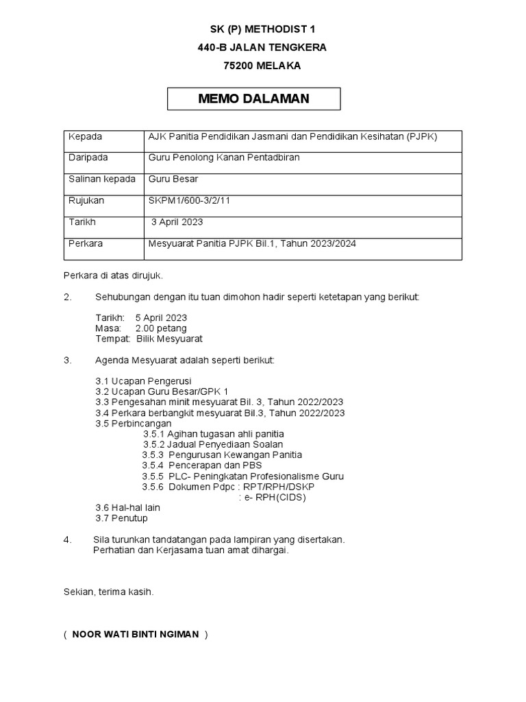 Memo Dalaman Subjek | PDF