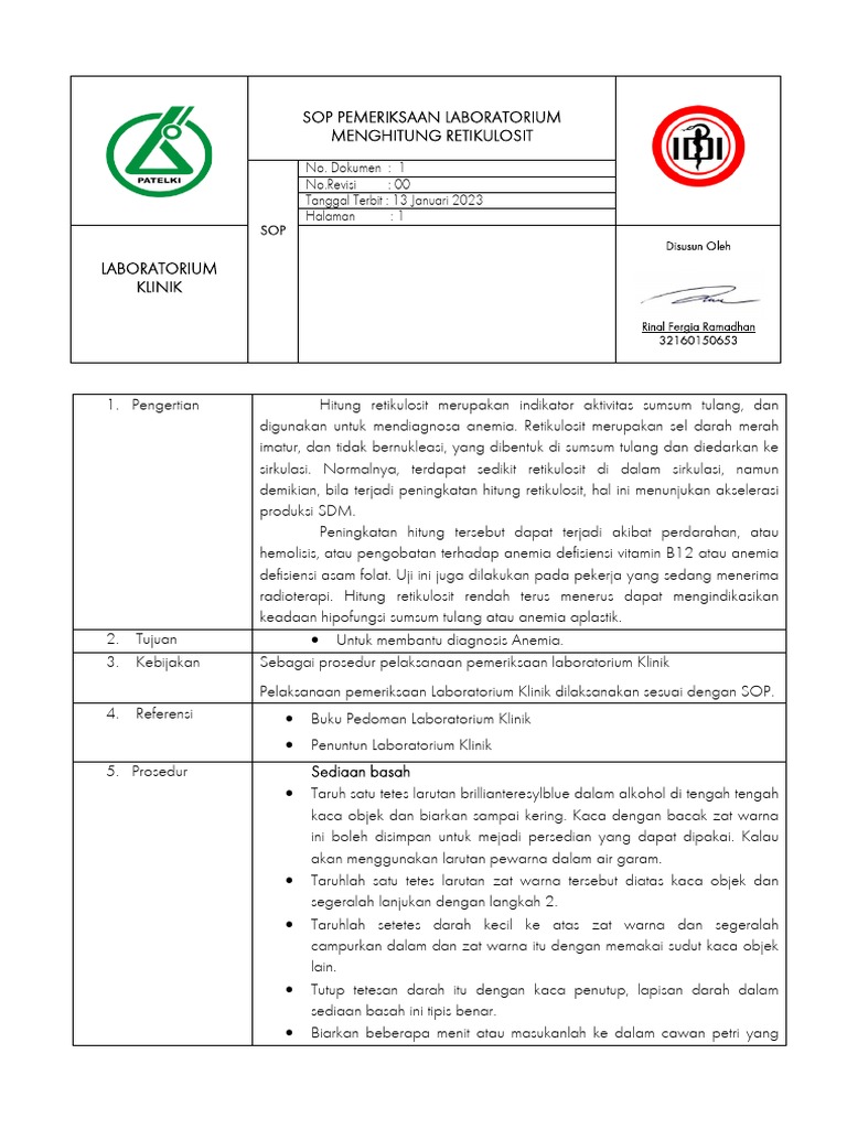 Sop Pemeriksaan Laboratorium Menghitung Retikulosit | PDF