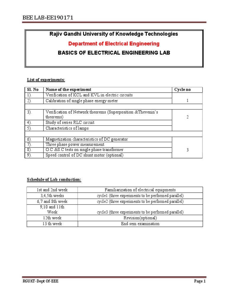 Eee BEE BEEE LAB MANUAL 10122019 | PDF | Electrical Network | Series And Parallel Circuits