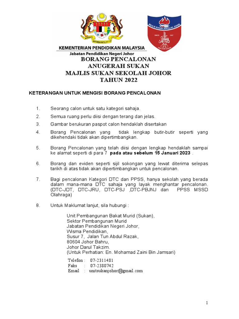 Borang Pencalonan Anugerah Kecemerlangan Sukan MSSJ 2020 | PDF