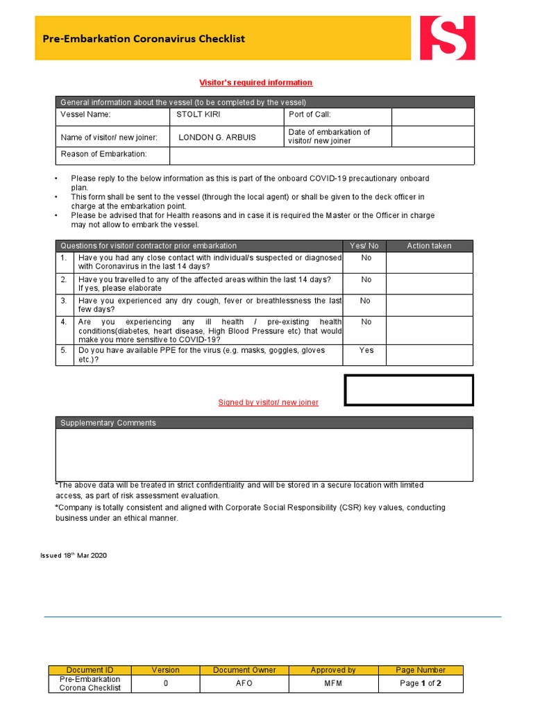 Covid - 19 Pre-Embarkation Checklist | PDF | Epidemiology | Clinical ...
