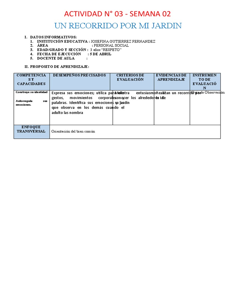 Sesion 3 Un Recorrido Por Mi Jardin | PDF | Salón de clases | Las emociones