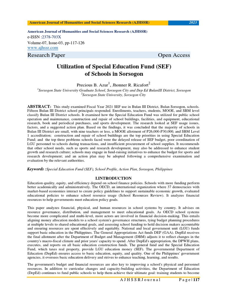 Utilization of Special Education Fund (SEF) of Schools in Sorsogon ...