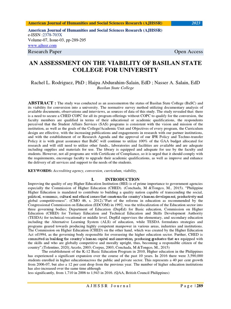 An Assessment On The Viability of Basilan State College For University ...