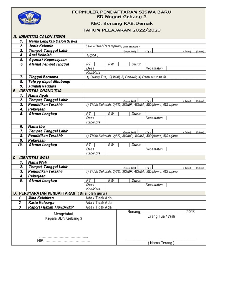 Formulir Pendaftaran Siswa Baru | PDF