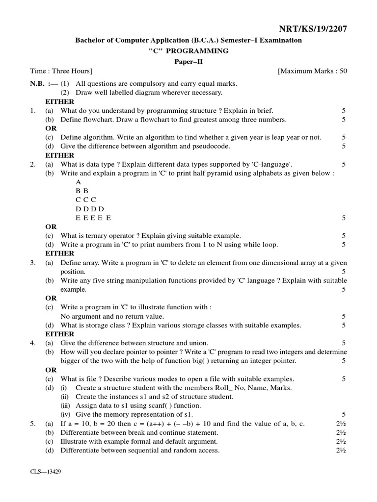 Bachelor of Computer Application (B.C.A.) Semester-I Examination "C" Programming Paper-II | PDF ...
