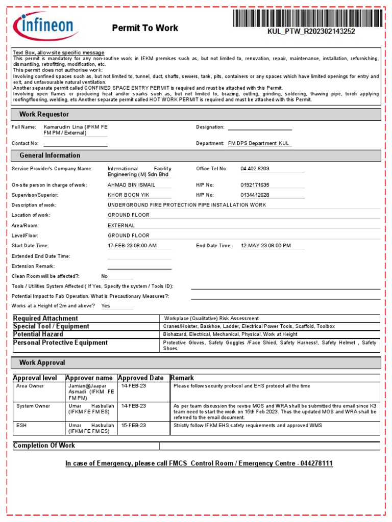 PermitToWork Form152202331024 | PDF | Safety | Occupational Safety And ...