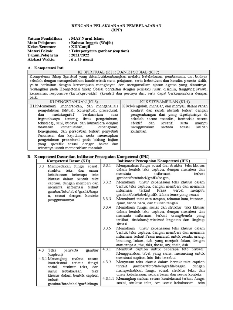 RPP BIG 3 Kelas XII Caption | PDF