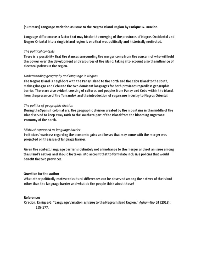 Summary of Oracion's Language Difference As Issue in The Negros Island Region | PDF