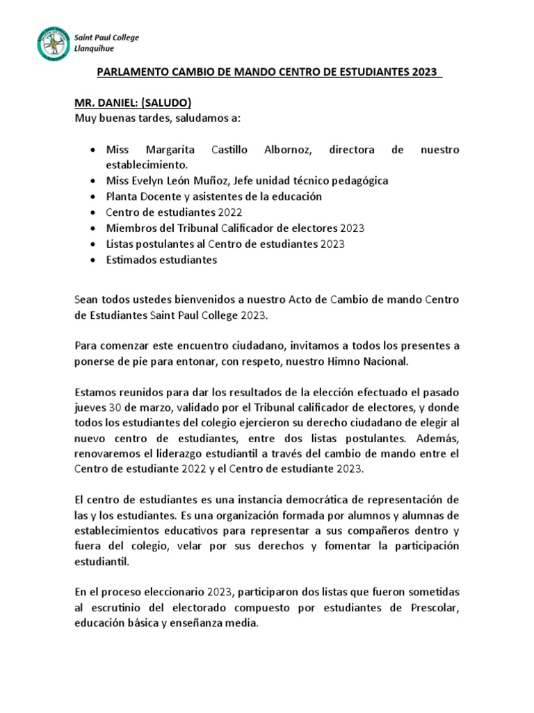 Parlamento Acto Cambio de Mando Ccee 2023 | PDF | Eventos políticos | Elecciones