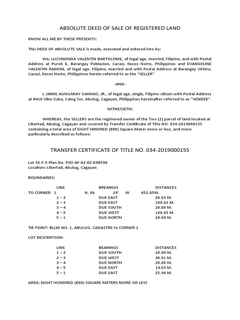 Absolute Deed of Sale of Registered Land | Download Free PDF | Deed | Taxes