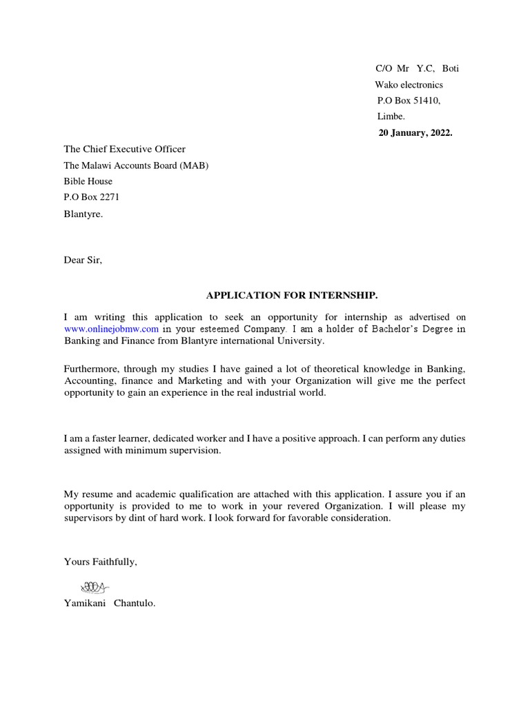 Application For Internship | Download Free PDF | Banks | Malawi