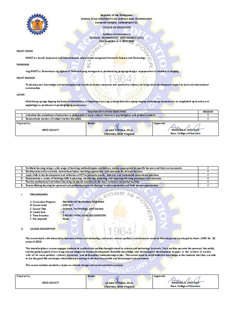 NEUST Science, Technology and Society Syllabus | PDF | Science | Curriculum