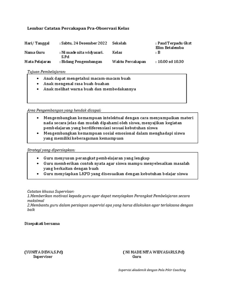 Lembar Catatan Percakapan Pra-Observasi Kelas: Supervisi Akademik Dengan Pola Pikir Coaching | PDF
