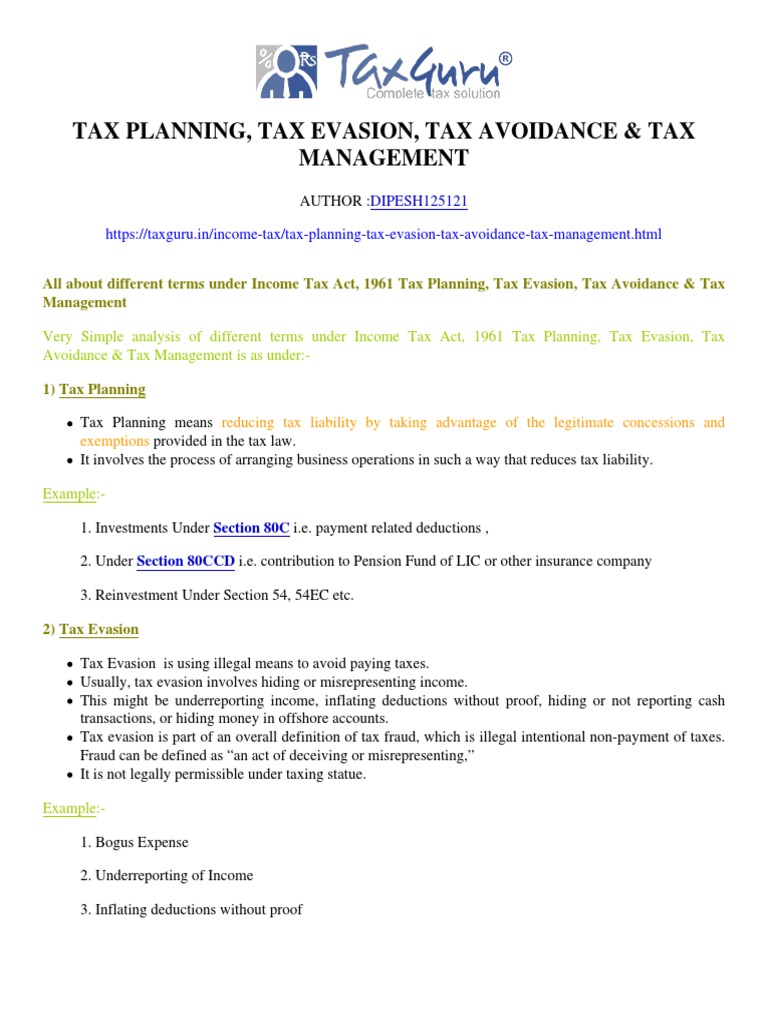 Tax Planning, Tax Evasion, Tax Avoidance & Tax Management | PDF | Taxes | Tax Avoidance