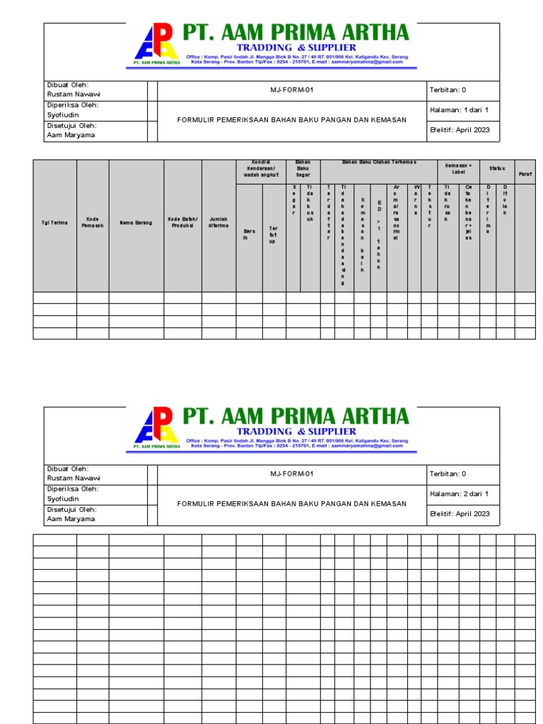FORM-01-Formulir Pemeriksaan Bahan Baku Pangan Dan Kemasan | PDF
