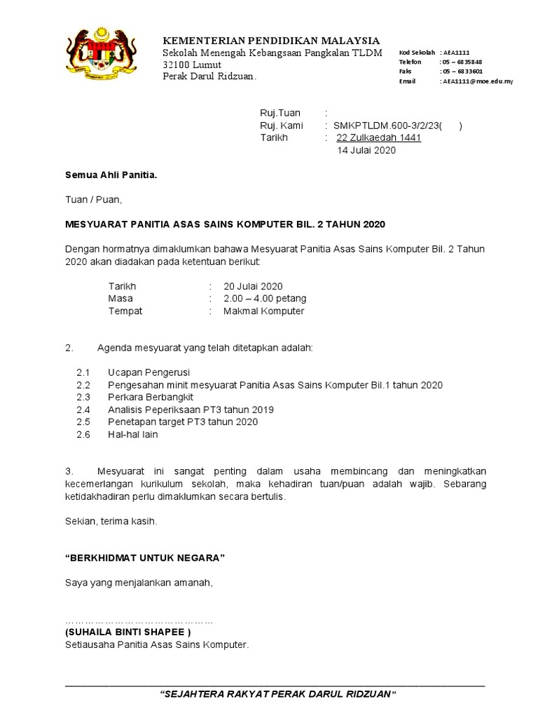 2020_Surat_Panggilan_Mesyuarat_Panitia_Asas_Sains_Komputer_Bil_2 | PDF