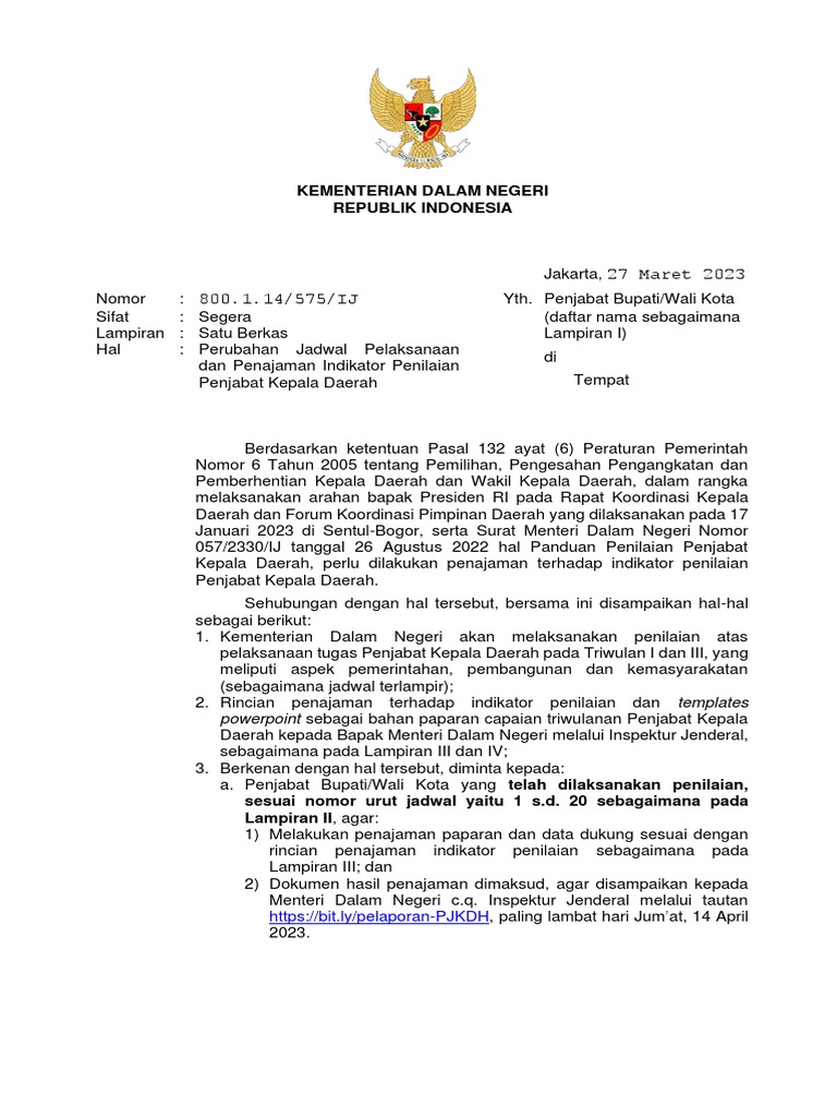 Surat Penajaman Penilaian PJ Bupati-Wali Kota | PDF