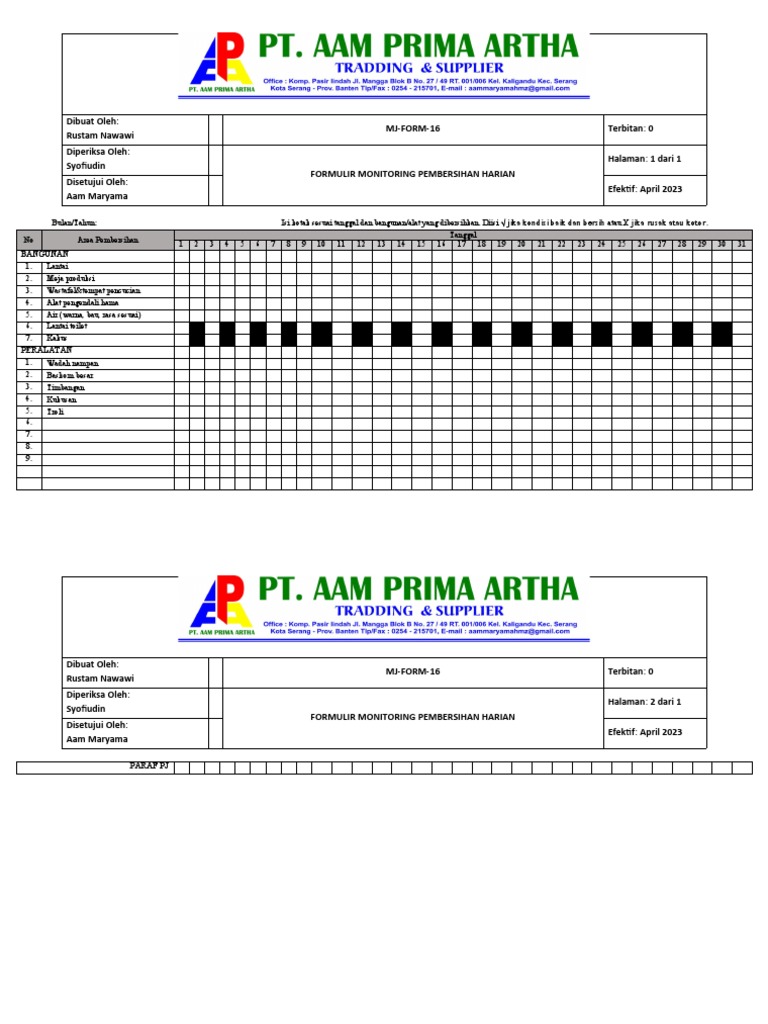 FORM-16-Formulir Monitoring Pembersihan Harian | PDF