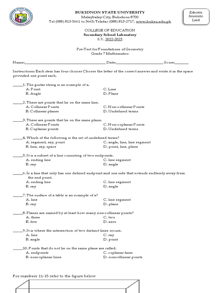 Pre-Test Foundations of Geometry | Download Free PDF | Line (Geometry ...