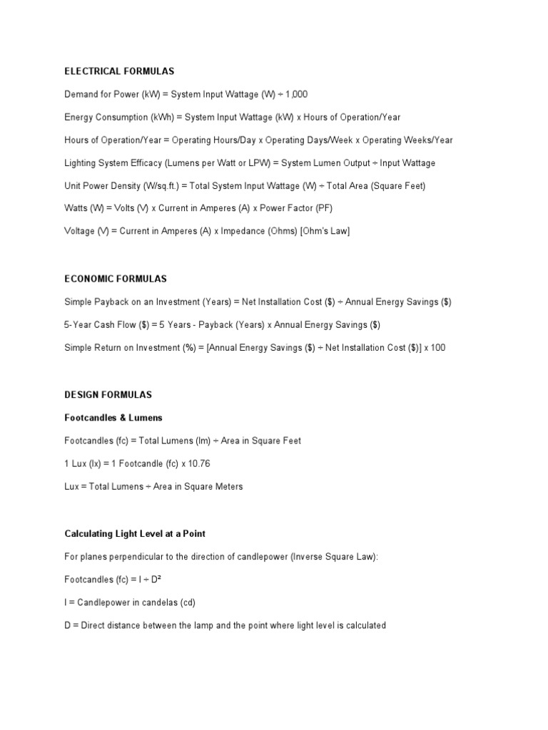 Electrical Formulas | PDF | Watt | Lighting