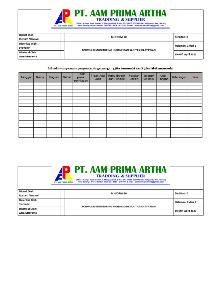 FORM-20-Formulir Monitoring Higiene Sanitasi Karyawan | PDF