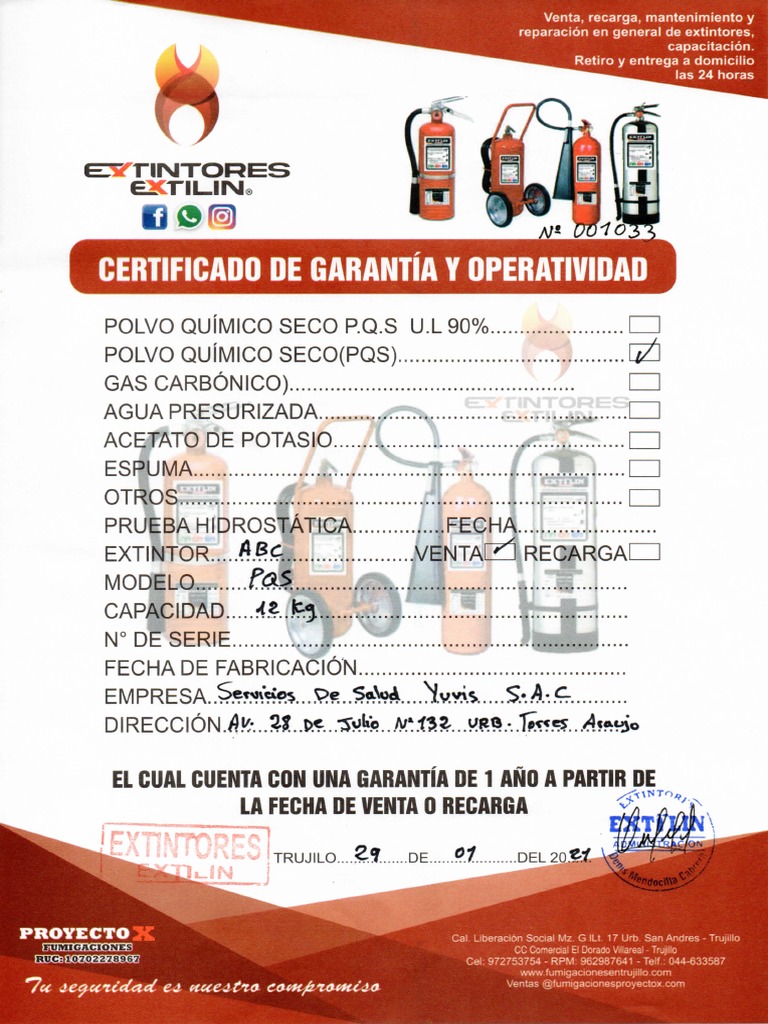 Certificado de Garantia y Operatividad de Extintores | PDF